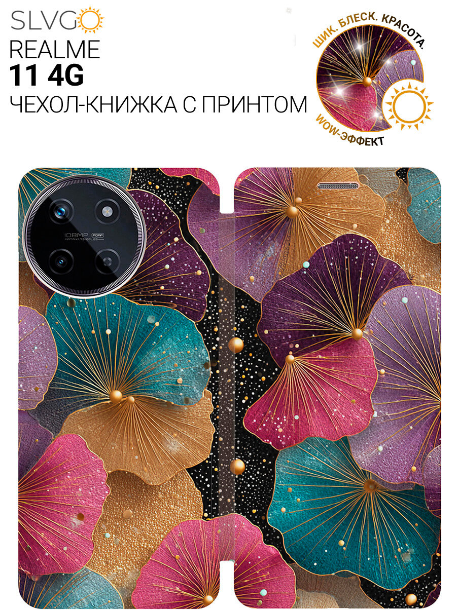 Чехол-книжка на Realme 11 4G с принтом Радужные листья гинкго, bkg