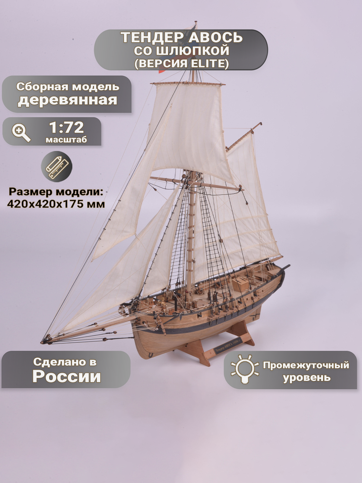 Сборная модель корабля, Тендер Авось (груша) со шлюпкой, 420х175х420, М.1:72