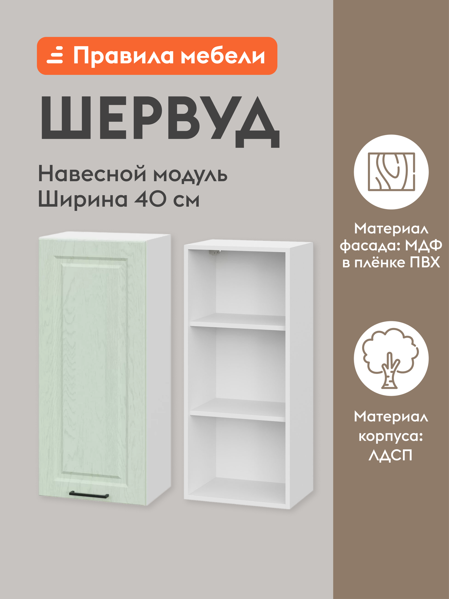 Кухонный модуль навесной, шкаф Шервуд с доводчиками, с полками, 40х29.6х91 см, Белый / Шато мята