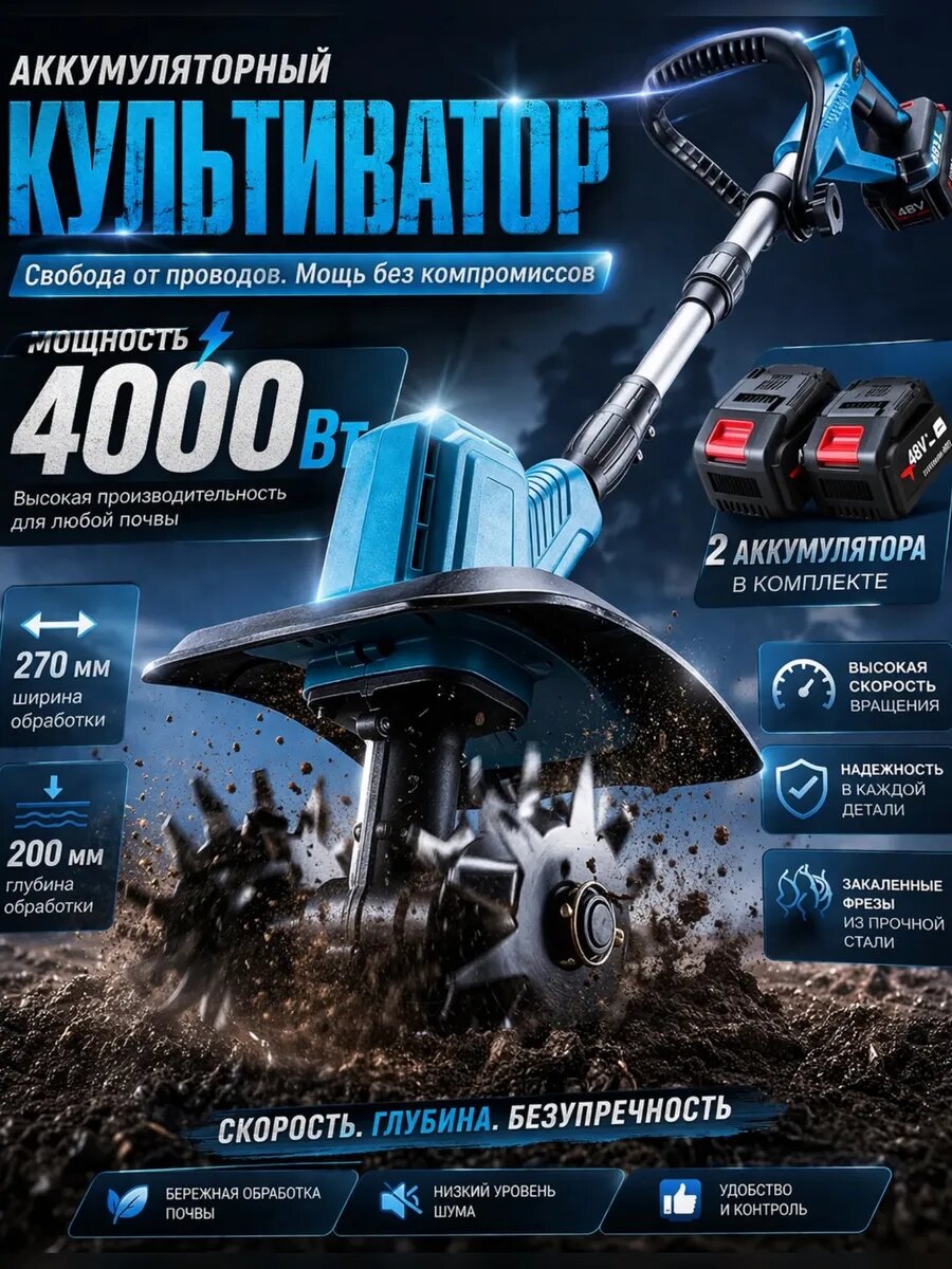 Культиватор аккумуляторный садовый, для дачи, 4000Вт, 2 АКБ, 48В