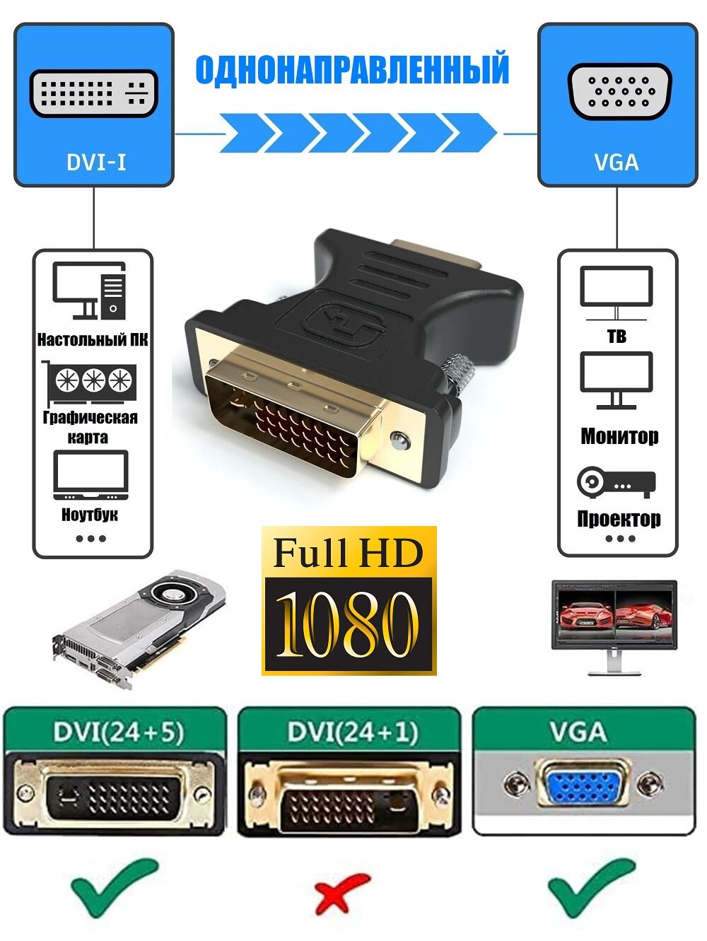 Переходник DVI-I 24+5 M - VGA 15 F 1080p однонаправленный черный