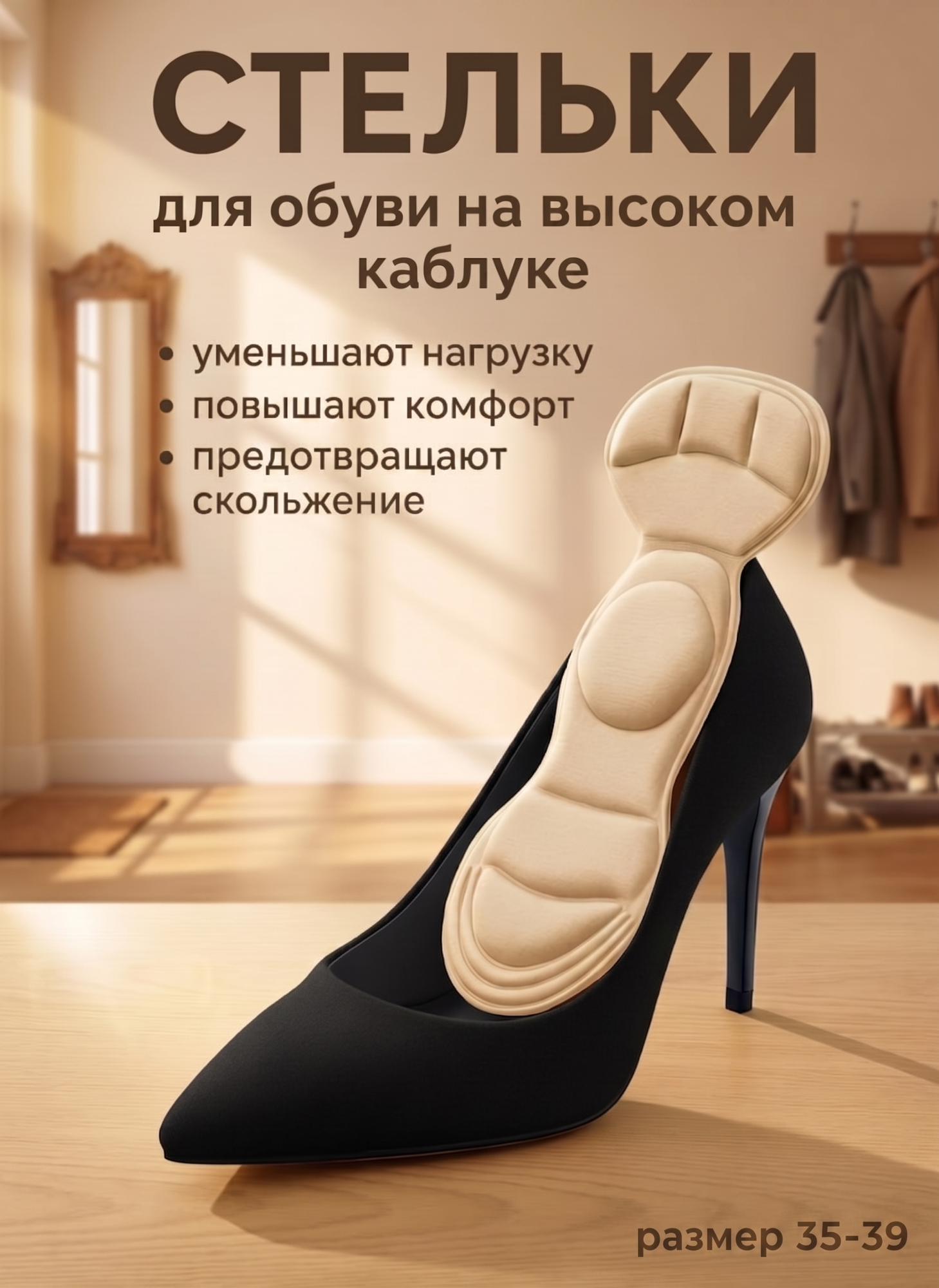 Стельки для обуви мягкие анатомические, бежевые, 35-39 размер, пара