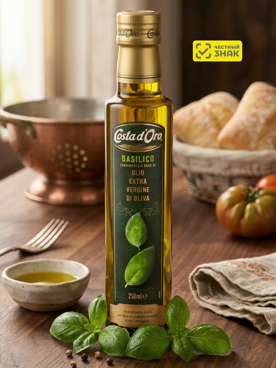Масло оливковое COSTA D’ORO, Extra Virgin, нерафинированное, 250мл, со вкусом базилика