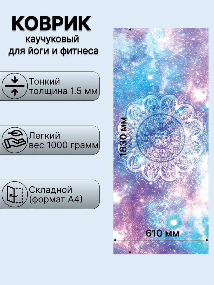 Коврик для йоги и фитнеса сиренево-голубой каучуковый, складной, тонкий, легкий, нескользящий, 1830х610 мм, Lucky Nastya