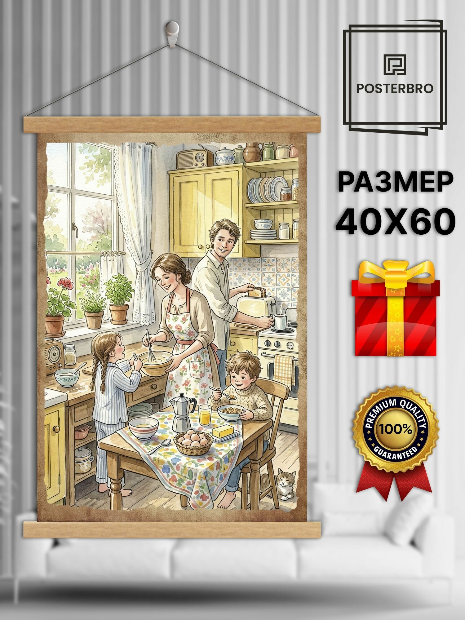 Постер на стену Posterbro в рамке 40х60 "Утром на кухне" интерьерный