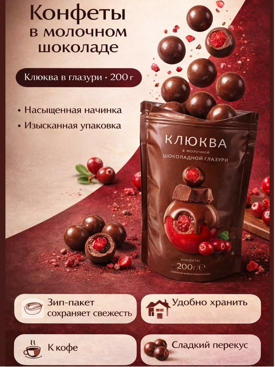 Конфеты клюква в молочной шоколадной глазури, 200 г