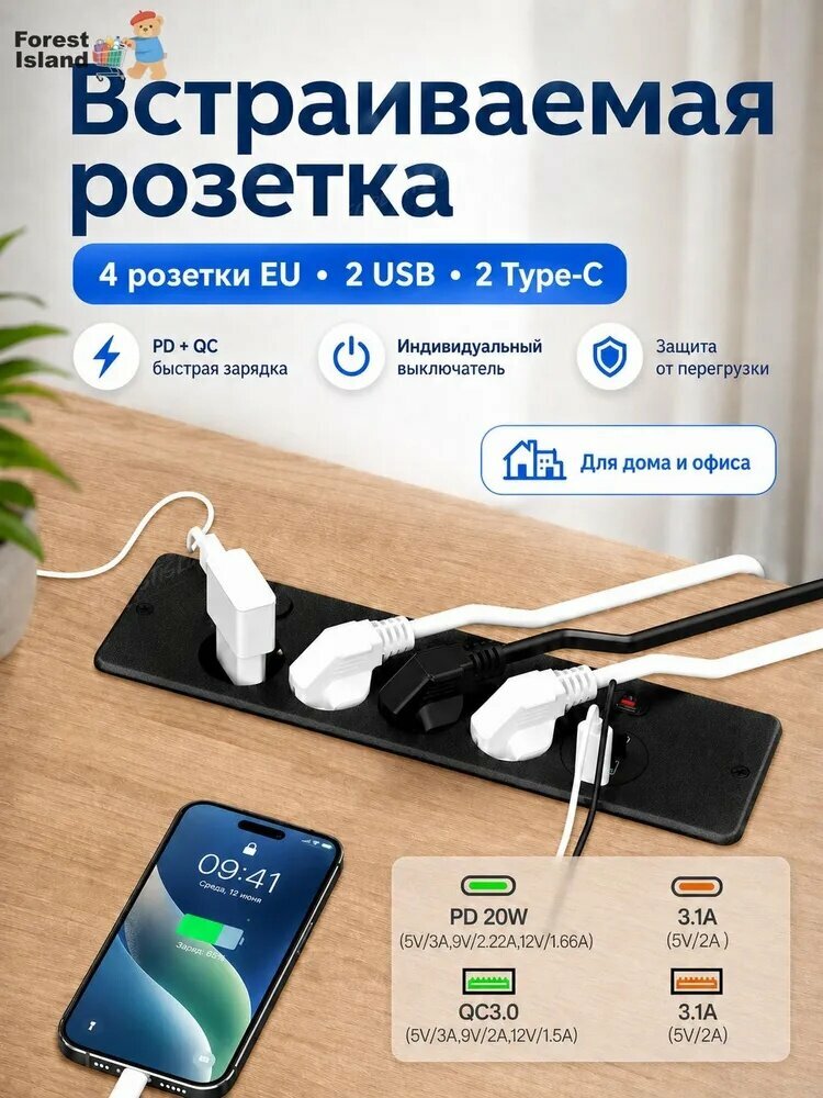 Удлинитель сетевой фильтр с USB 4 розеток и 2 USB, 2 type C, кабель 2м, с выключателем 3250 Вт c быстрой зарядкой Встраиваемый премиум-розеточный блок для escritorных столовФутян черный BKL-E88