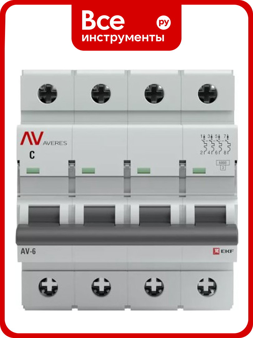 Автоматический выключатель EKF AVERES AV-6, 4P, 50A, C, 6kA mcb6-4-50C-av