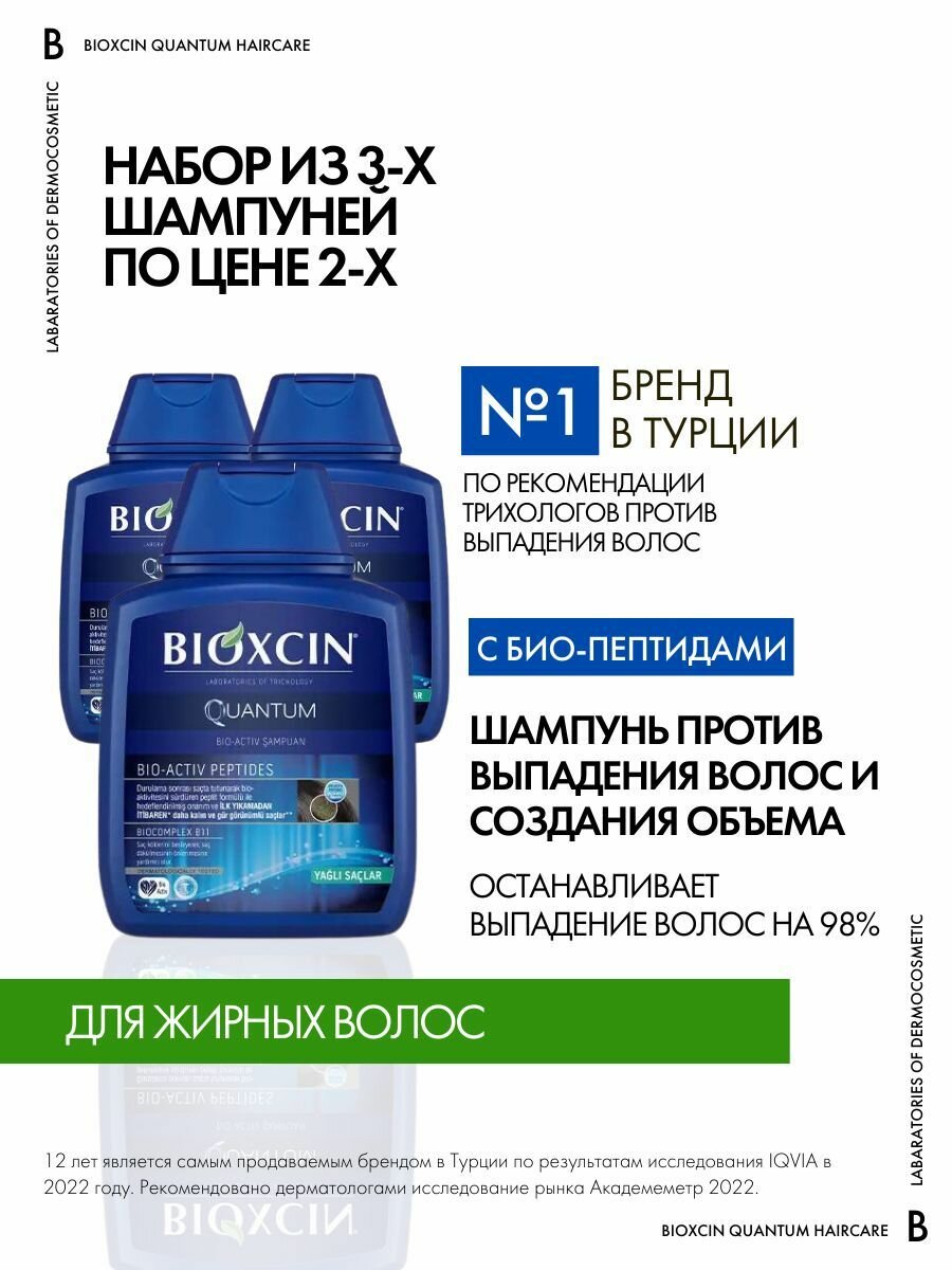 BIOXCIN Шaмпунь против Выпадения волос и создания Объема, для жирных волос, Quantum, 3x300мл