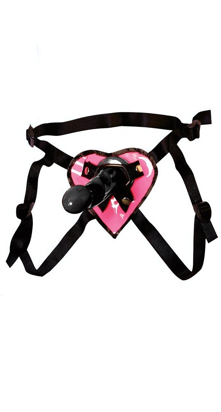 Страпон-комплект «Heart Strap-On», регулируемые трусики 40-56, фаллос 16,7 см, ПВХ/нейлон, черный с розовым