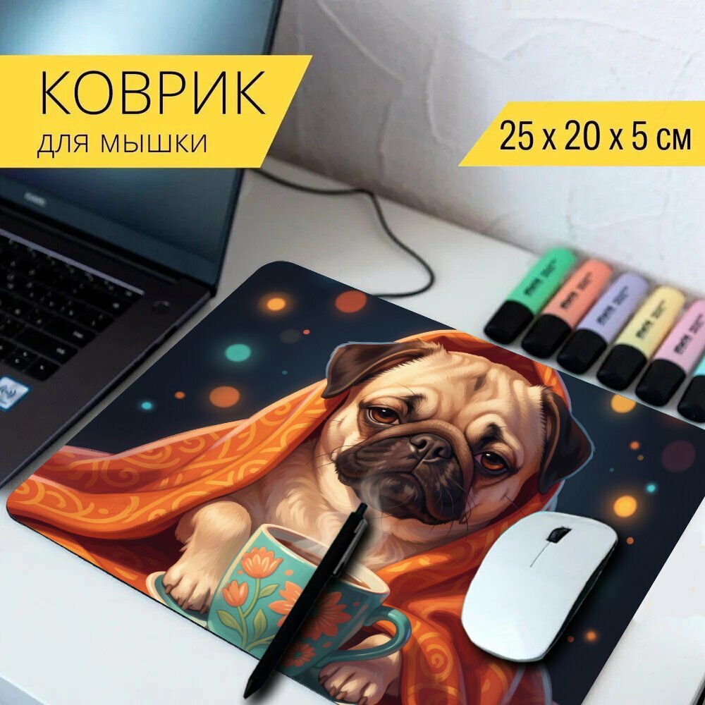 Коврик для мыши с принтом "Мопс с чашкой чая. Трогательный мультяшный пёс под оранжевым пледом держит кружку с горячим напитком. Тёплые оттенки, светящиеся огни и уютная." 25x20см.