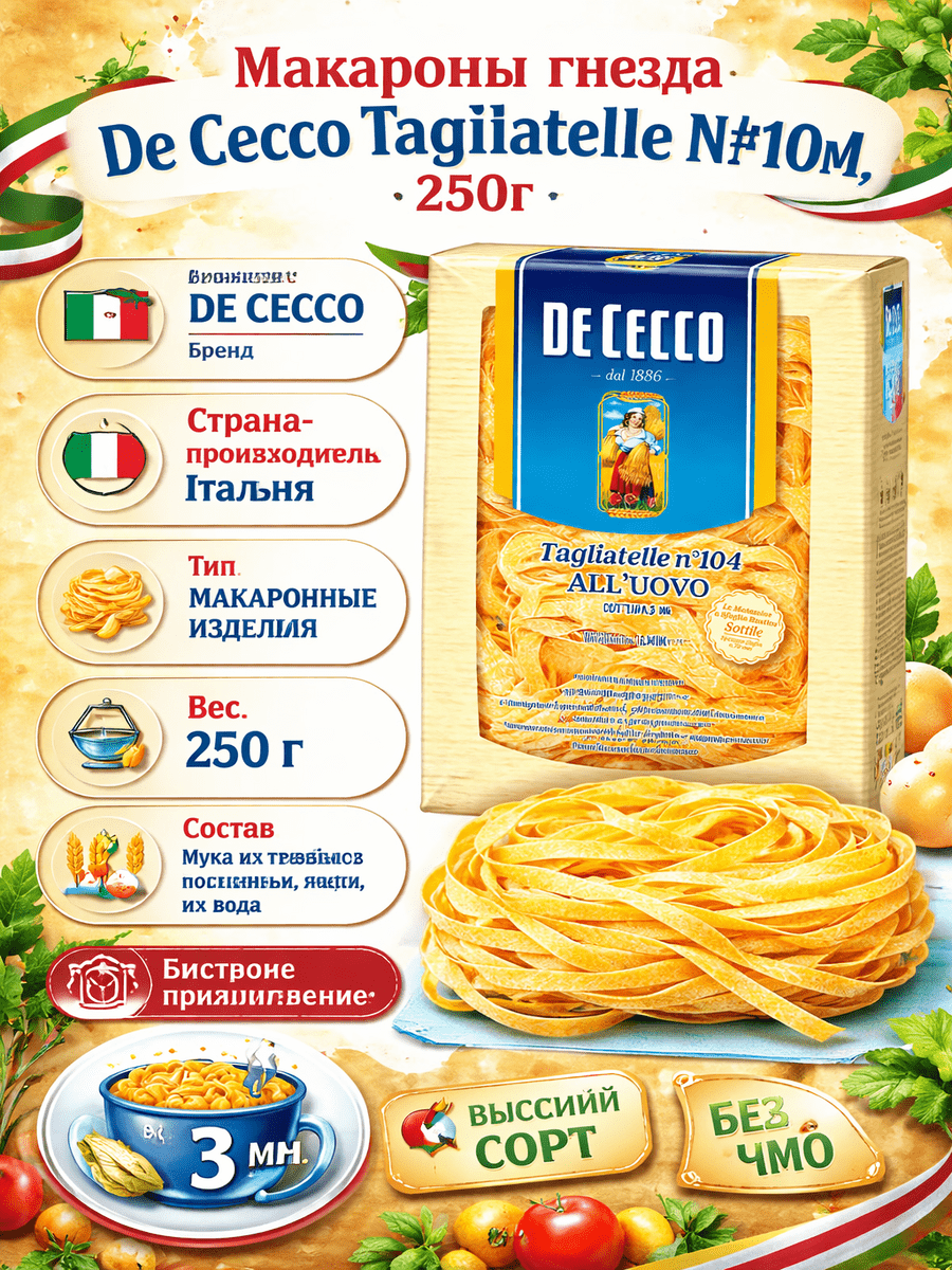 Макароны гнезда De Cecco Tagliatelle №104, 250г