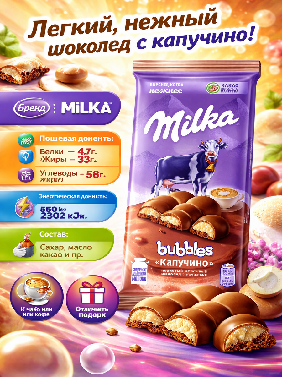 Шоколад Milka Bubbles Капучино пористый молочный, 87г