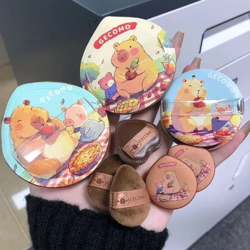 Набор спонжей и пуховок для макияжа Capybara Family (GECOMO), мягкие флокированные спонжи для тонального крема и пудры