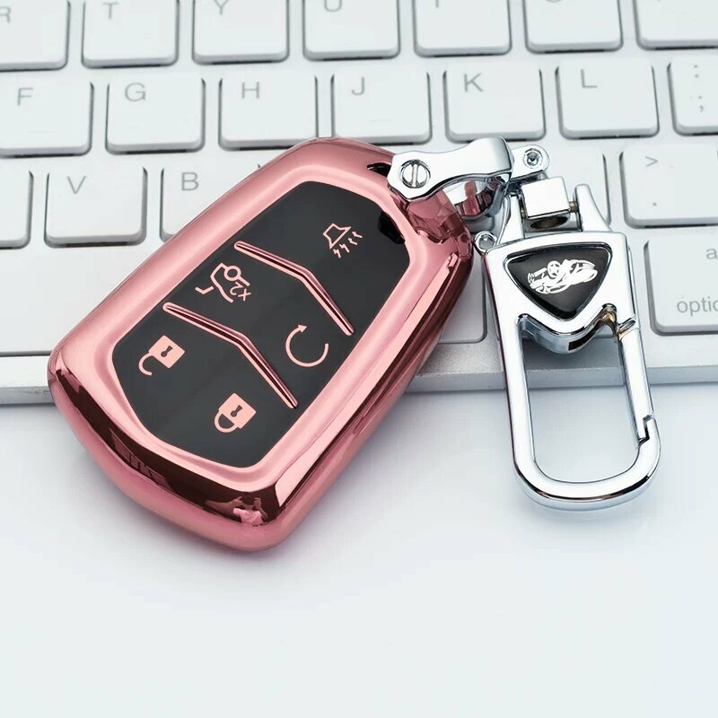 Смарт-чехол для ключа Cadillac с 5 кнопками, розовый одиночный корпус с антипотерейным металлическим крючком -