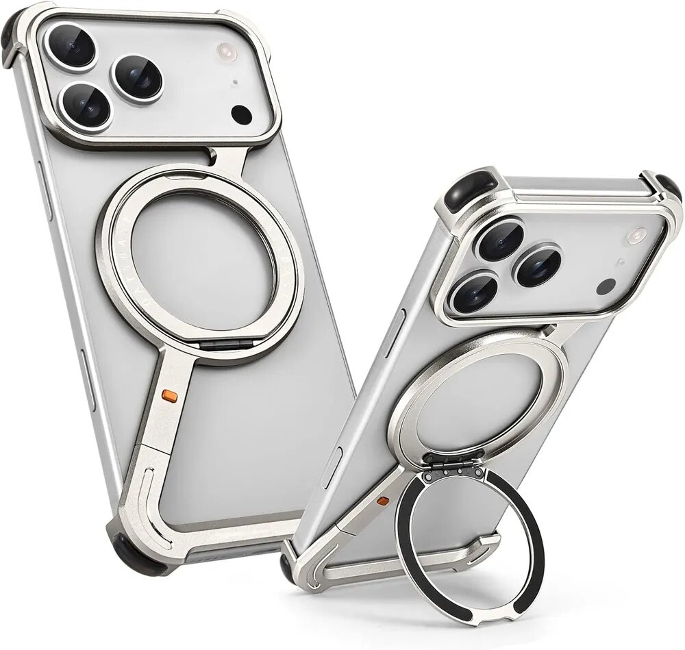 Минималистичный чехол OATSBASF для iPhone 17 Pro Max, вращающийся на 360, подставка, алюминиевый металлический чехол-бампер без рамки, серебристый