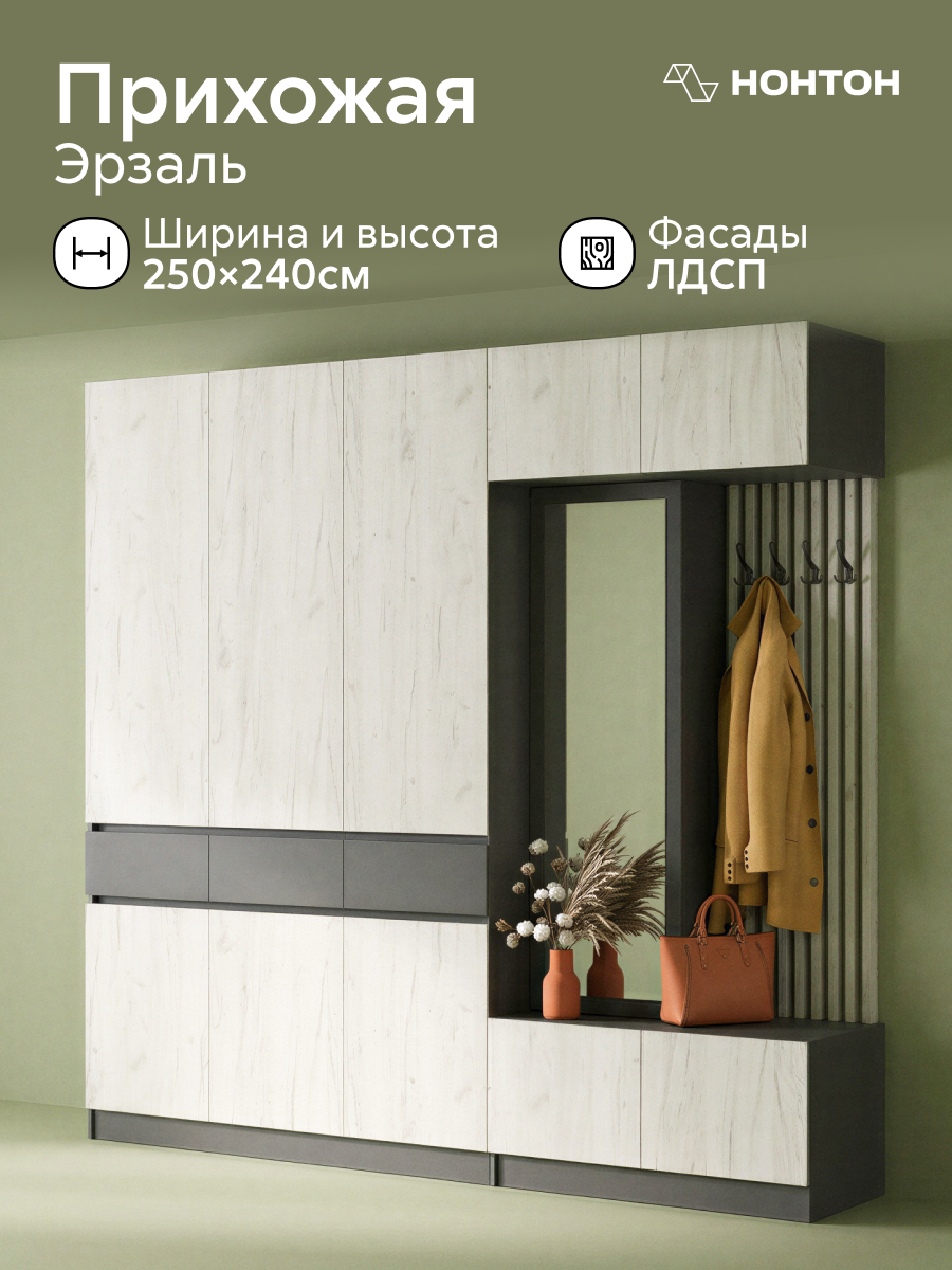 Прихожая модульная Эрзаль 2, Ш:250 * Г:52 * В:240 см (графит / дуб крафт белый)