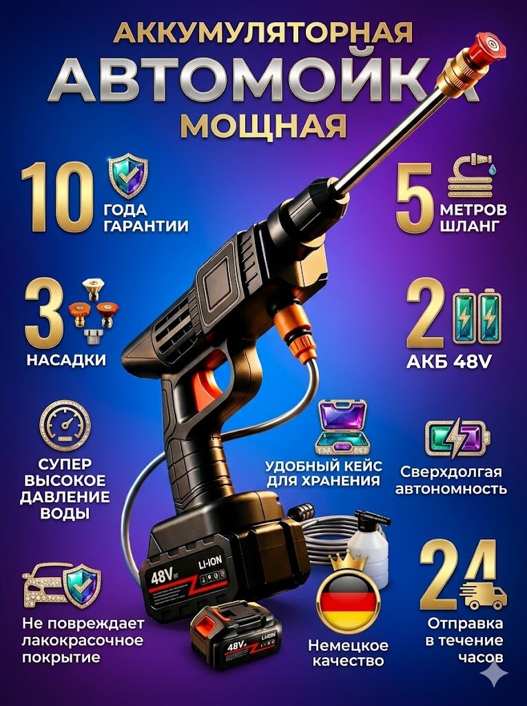 Мойка высокого давления аккумуляторная для автомобиля, Автомойка, в кейсе 2 аккумулятора, 3 насадки
