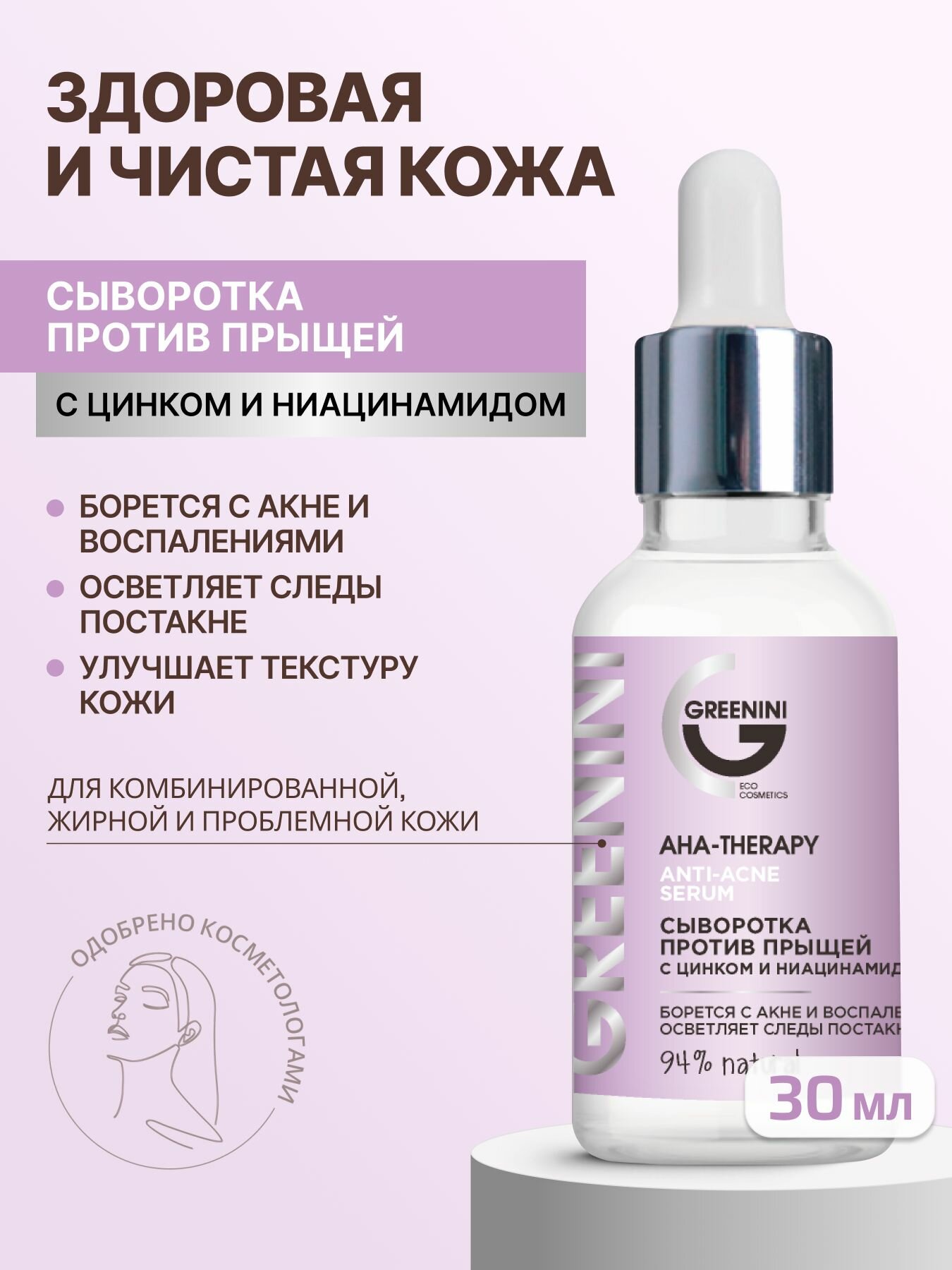 Сыворотка против прыщей Greenini Aha-Therapy с цинком и ниацинамидом 30 мл