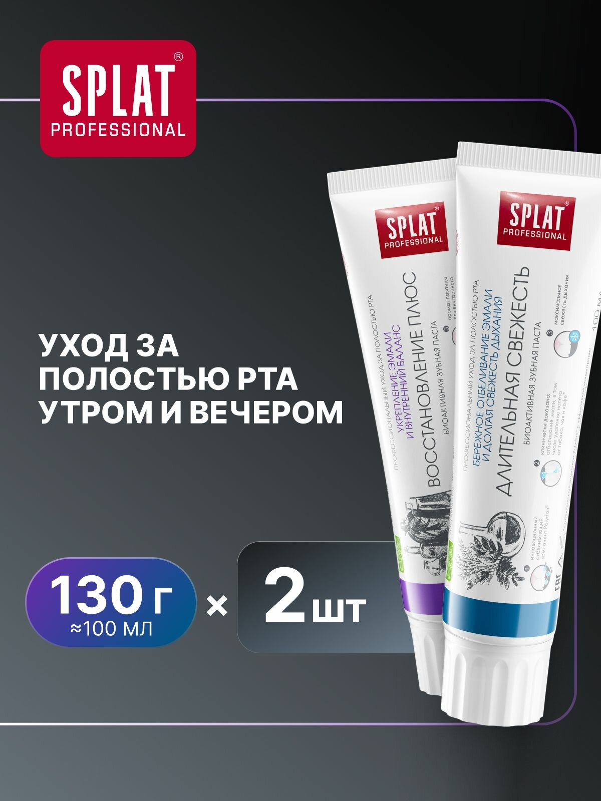 Зубная паста для чувствительных зубов SPLAT (сплат) Professional длительная свежесть + восстановление плюс, 130 г (100 мл) х 2 шт.