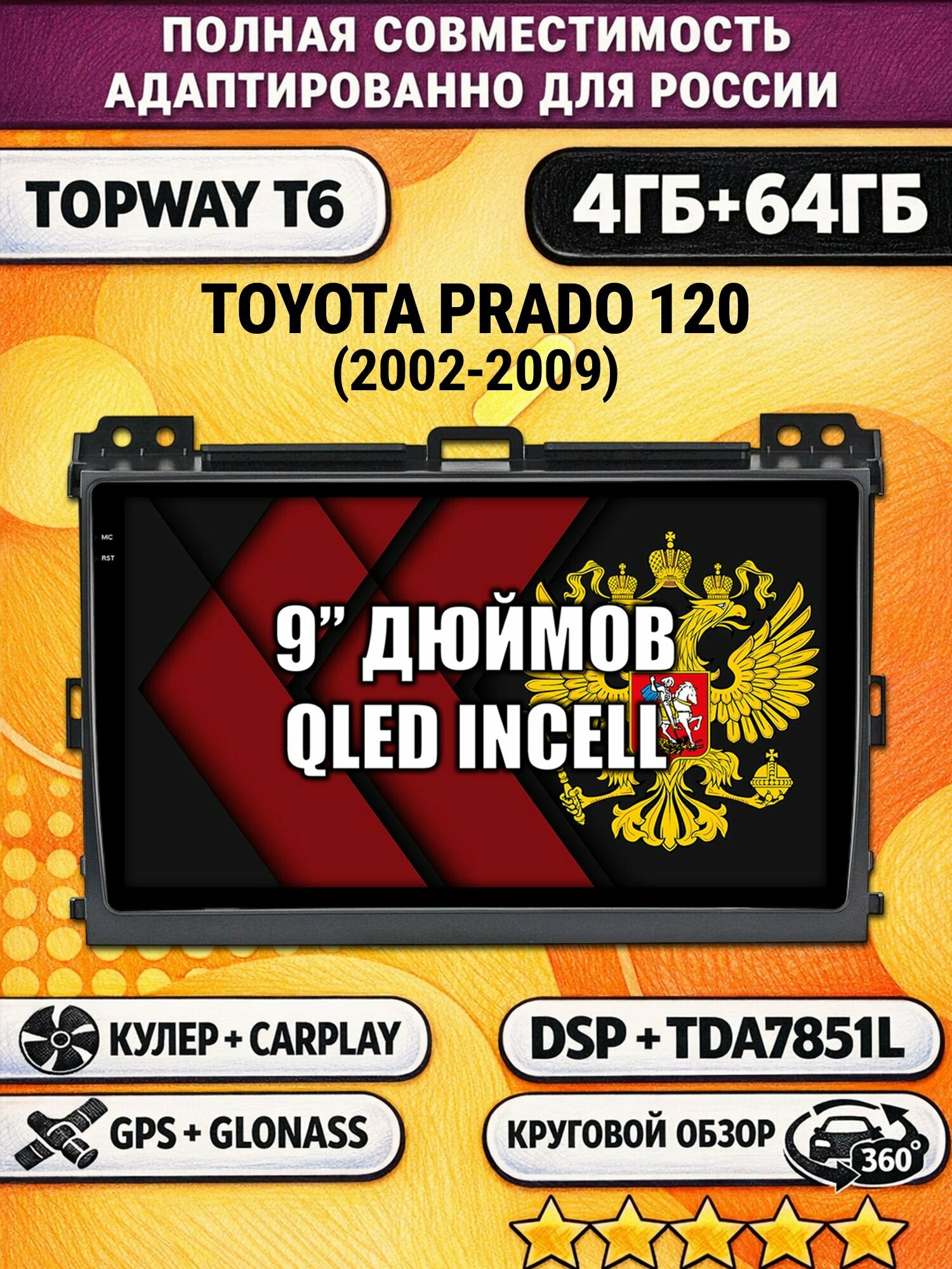 Штатная Андроид магнитола 9 для TOYOTA PRADO 120 (2002-2009), 4/64гб, 360 обзор, DSP, беспроводной CarPlay/Android Auto, GPS/ГЛОНАСС