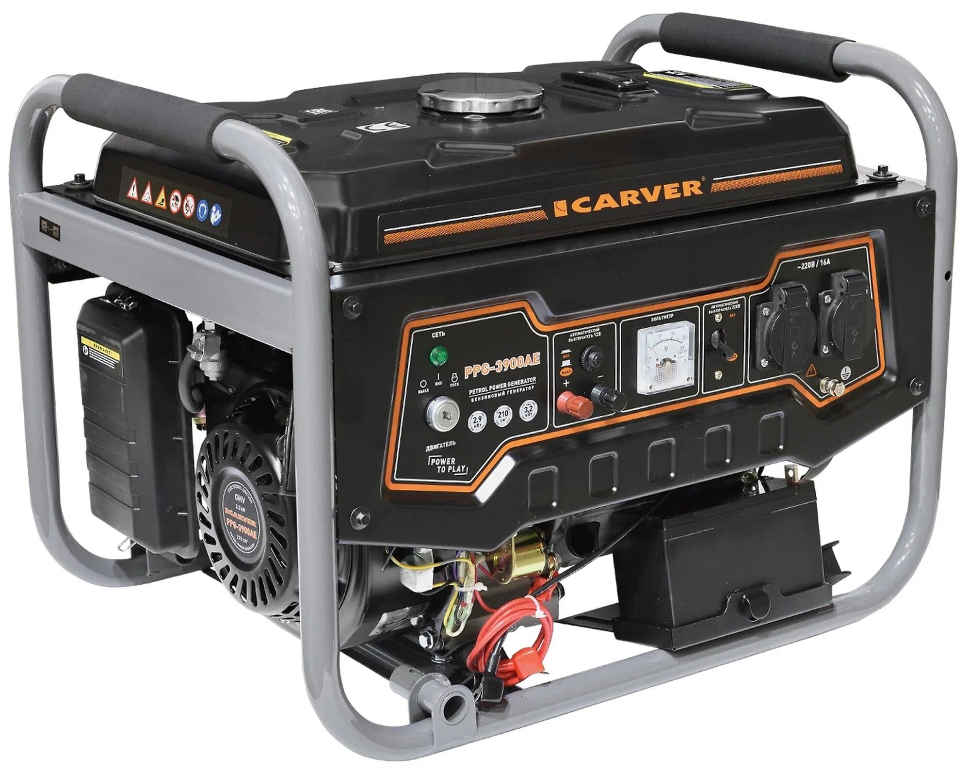 Генератор Carver PPG-3900AE, 3.2 кВт, 15 л, 12 ч, 2 розетки 220 В, 1 розетка 12 В