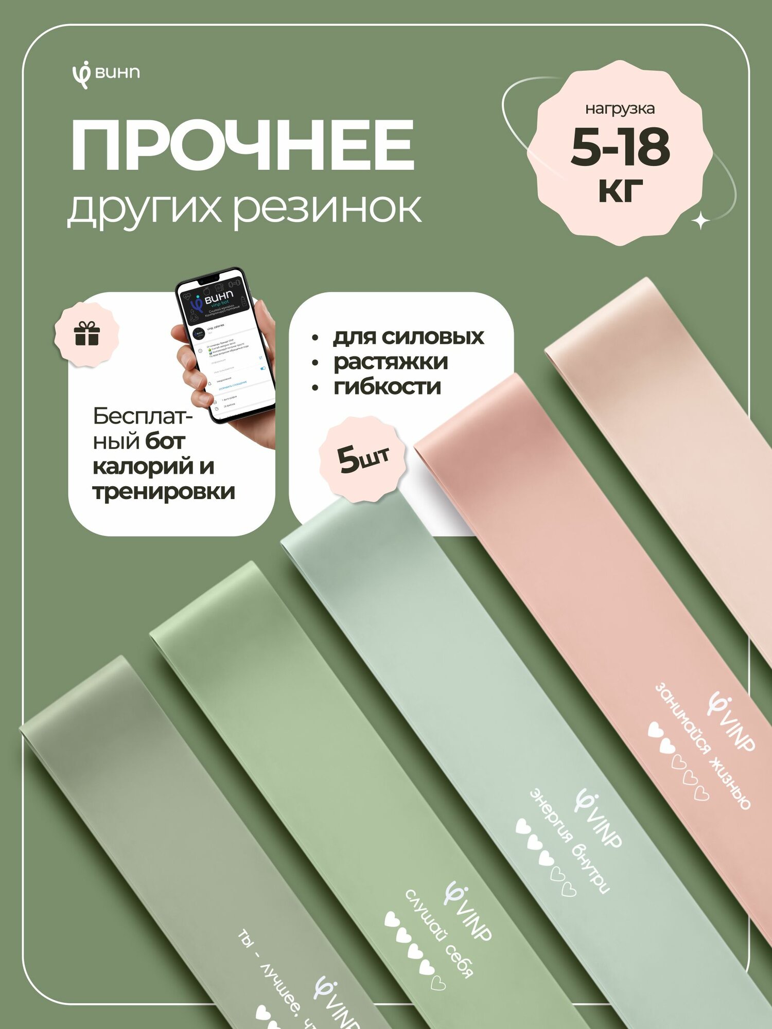 Спортивные фитнес резинки, комплект эспандеров 5 штук