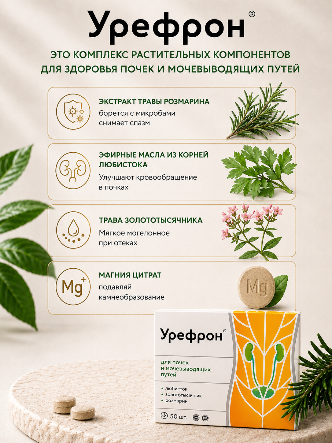 Урефрон таблетки при цистите и для почек, золототысячник, любисток, розмарин, 2 упаковки — фото 1