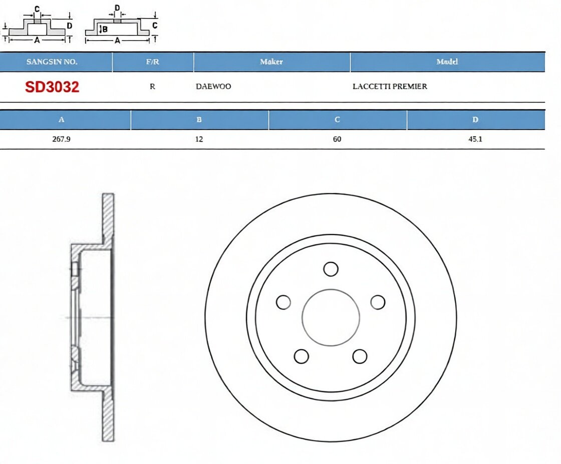Диск тормозной CHEVROLET CRUZE/ORLANDO/OPEL ASTRA J R16 09- задний D 292мм. SD3032 Sangsin brake арт