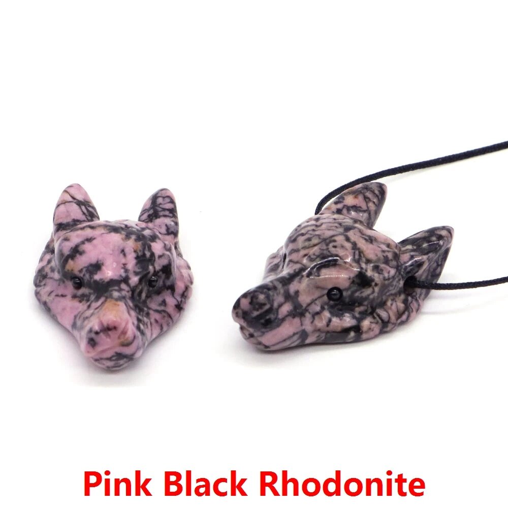Подвеска волчья голова из розового Pink Black Rhodonite