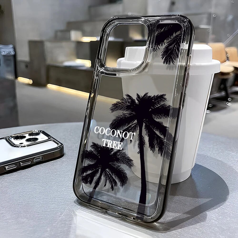 Прозрачный чехол для iPhone 15 ProMax с кокосовой пальмой, серый