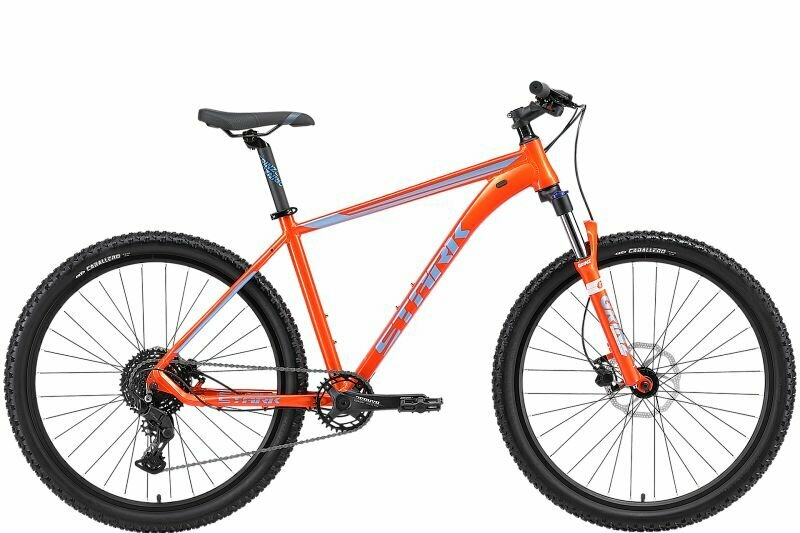 Велосипед горный Stark'24 Router 27.4 HD оранжевый металлик/синий 20", 9 ск, H.DISC, Shimano Cues