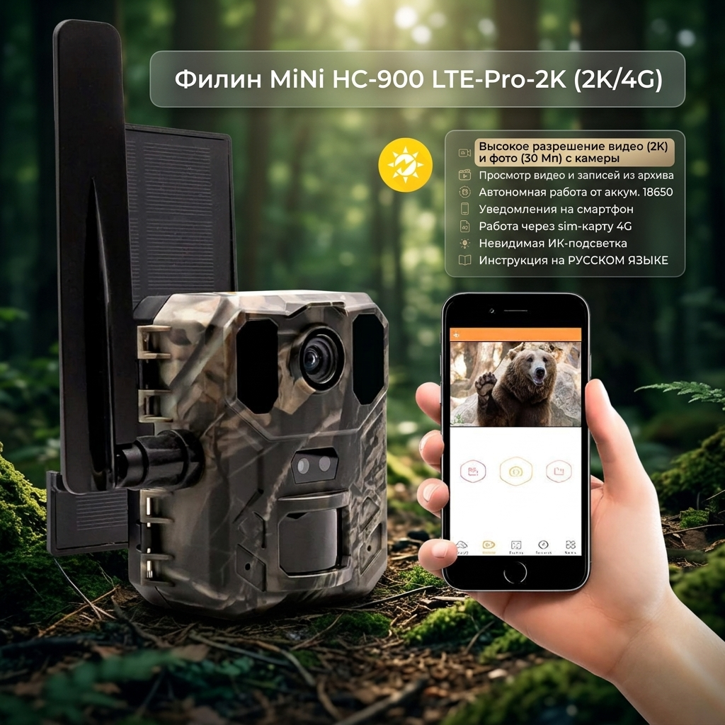 4G мини фотоловушка Филин MiNi 900LTE-Pro-2K с солн батареей
