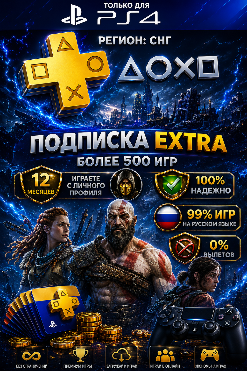 Подписка PS PLUS Extra (Экстра) для PlayStation 4, на 12 месяцев, СНГ(Только PS4) ! НЕ Подходит для PS5