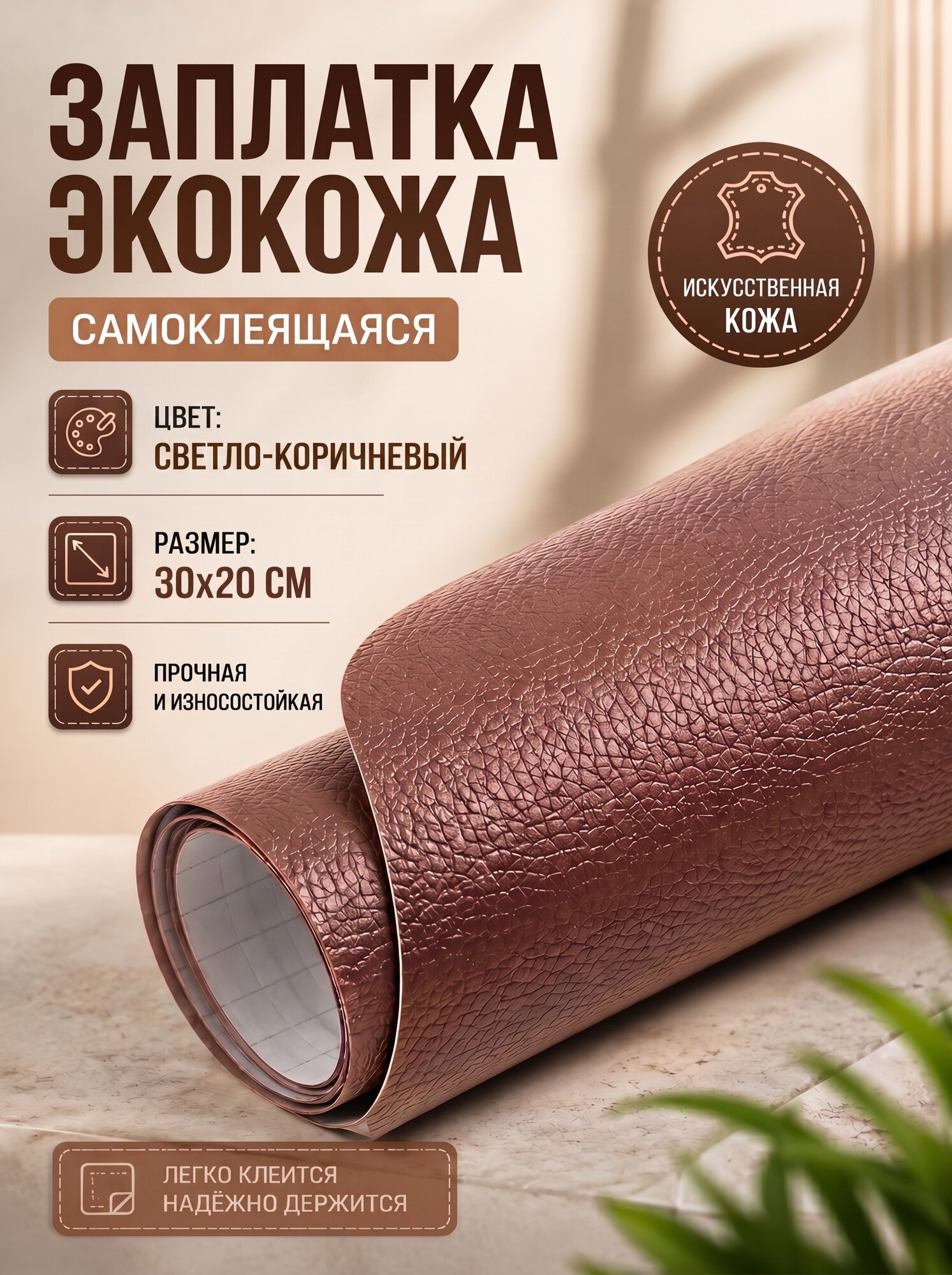 Кожаная заплатка самоклеящаяся светло-коричневая