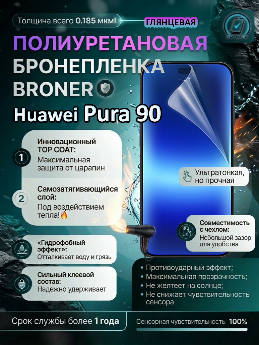 Полиуретановая бронепленка для Huawei Pura 90 / Защитная плёнка на экран, совместима с чехлом, с вырезом под камеру / Глянцевая