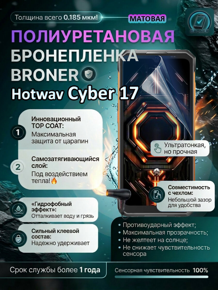 Полиуретановая бронепленка для Hotwav Cyber 17 / Защитная плёнка на экран, совместима с чехлом, с вырезом под камеру / Матовая