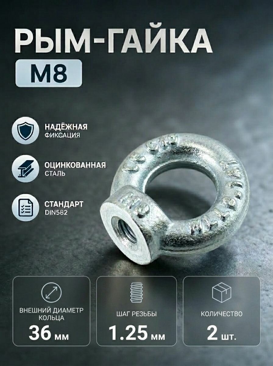Рым-гайка М8 оцинкованная, стандарт DIN582, серебристая (2 шт.)