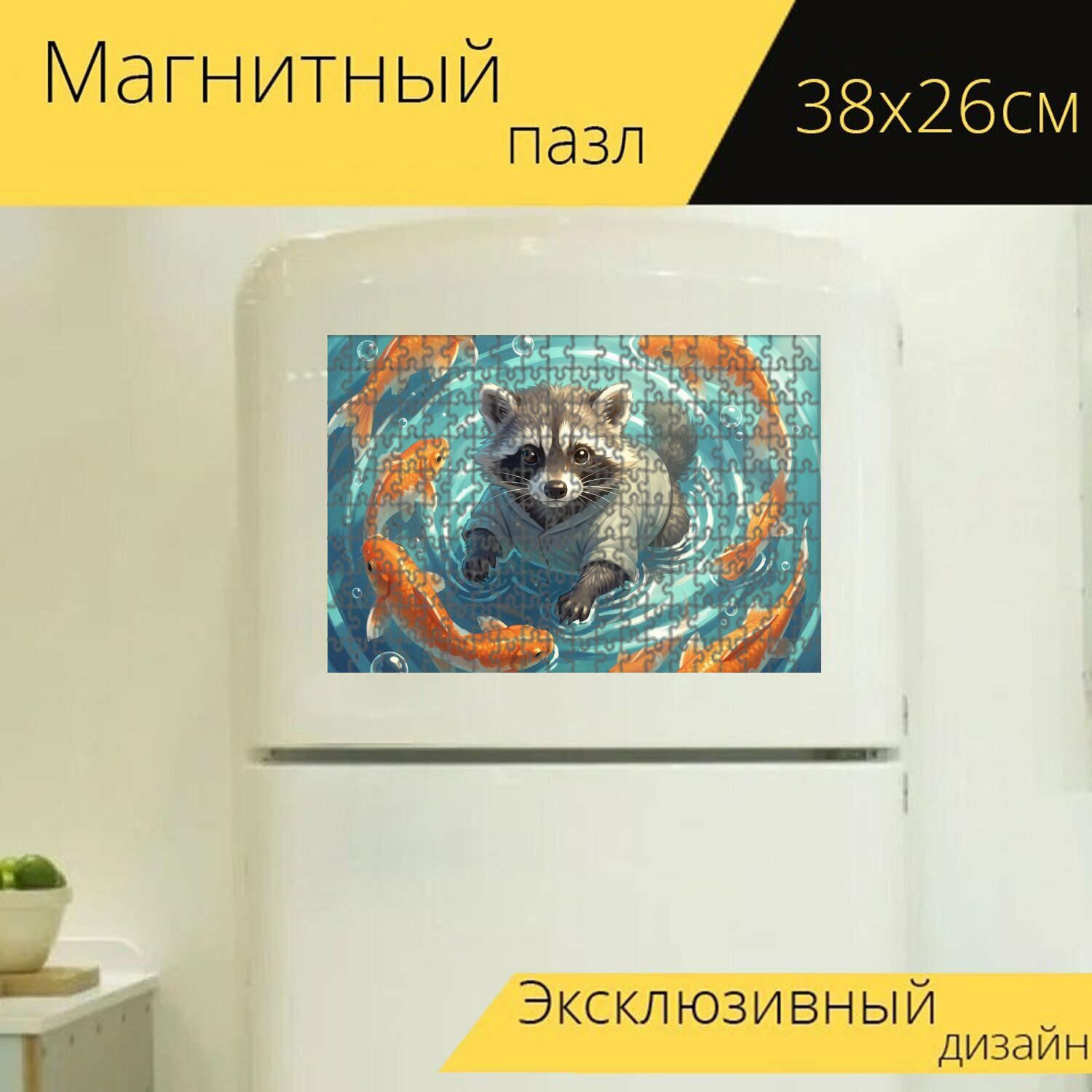 Магнитный пазл "Енот в круге золотых рыбок. Милый зверёк в светлой рубашке плывёт в бирюзовом водовороте, рядом яркие карпы и пузырьки. Мягкая цифровая." для интерьера, 38х26 см.