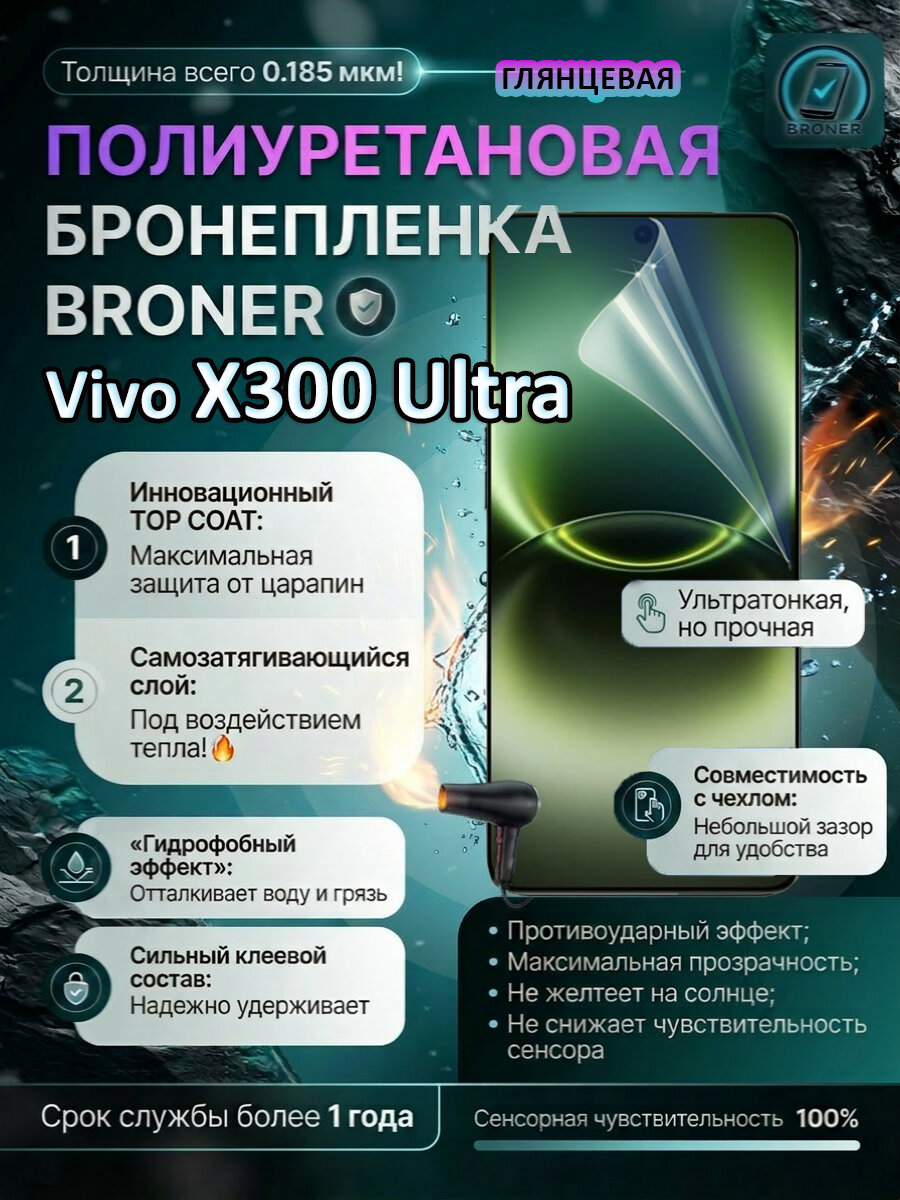 Полиуретановая бронепленка для Vivo X300 Ultra / Защитная плёнка на экран, совместима с чехлом, с вырезом под камеру / Глянцевая