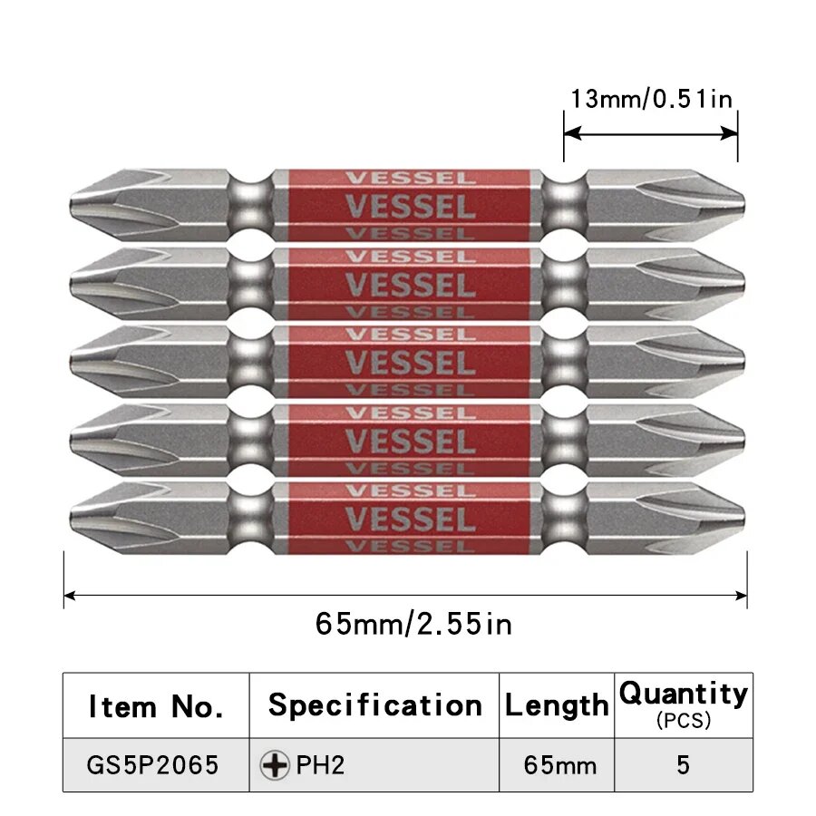 Набор отверток VESSEL PH2 65mm, 5 шт, GS5P2065