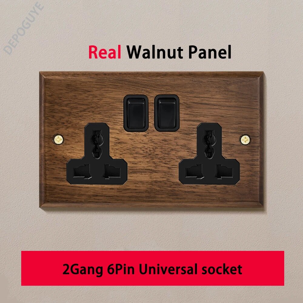 Розетка 2Gang 6Pin Universal с деревянной панелью из ореха