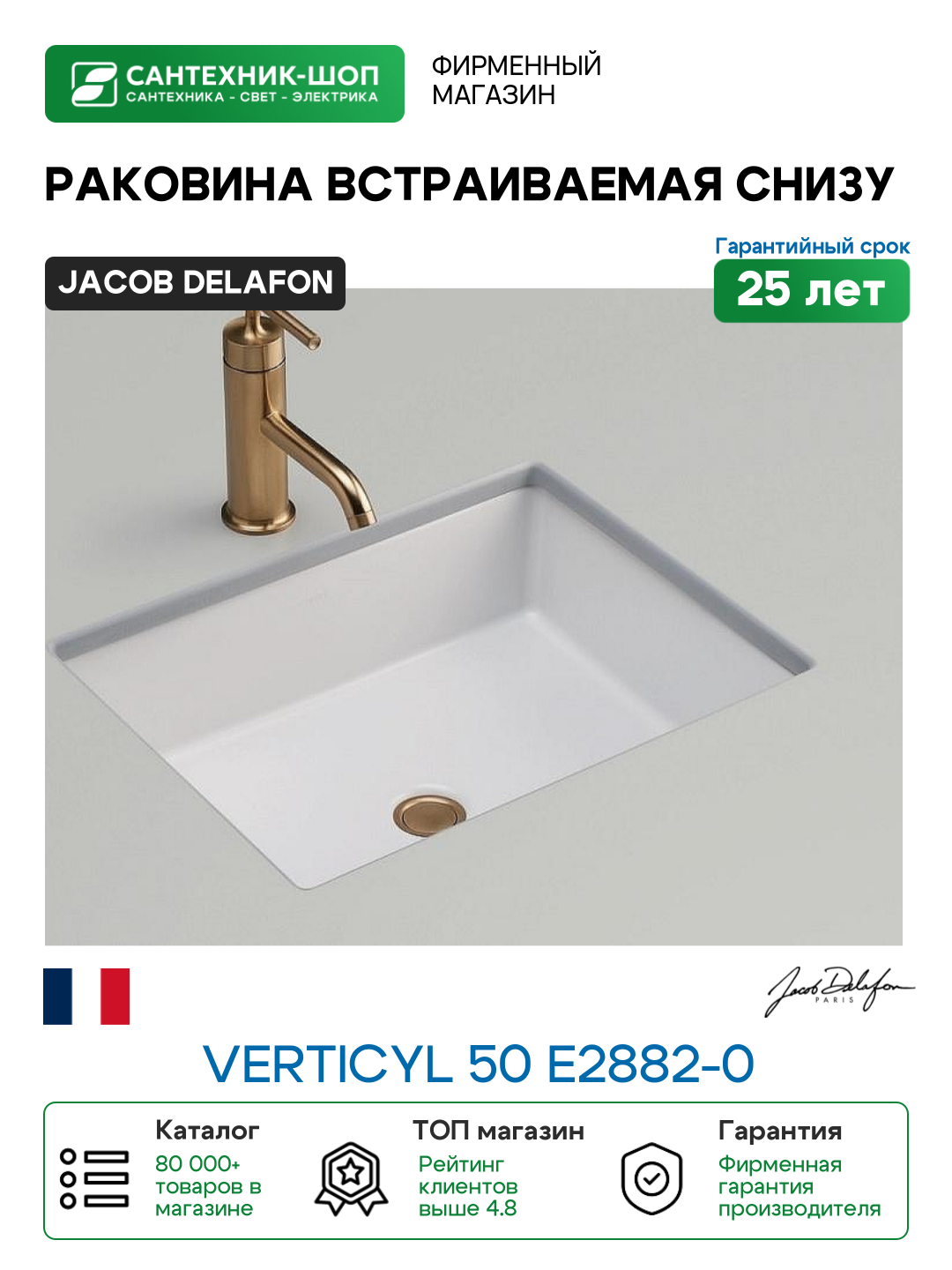 Раковина Jacob Delafon Verticyl 50 E2882-0 Белая фарфор встраиваемый