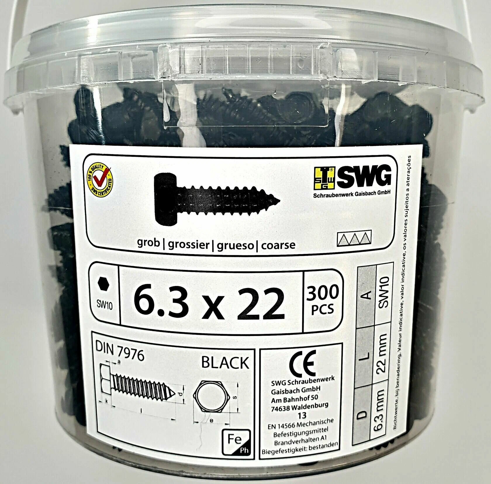 Саморез-шуруп по металлу черный DIN 7976 6.3x22 (300 pcs) SWG, Германия