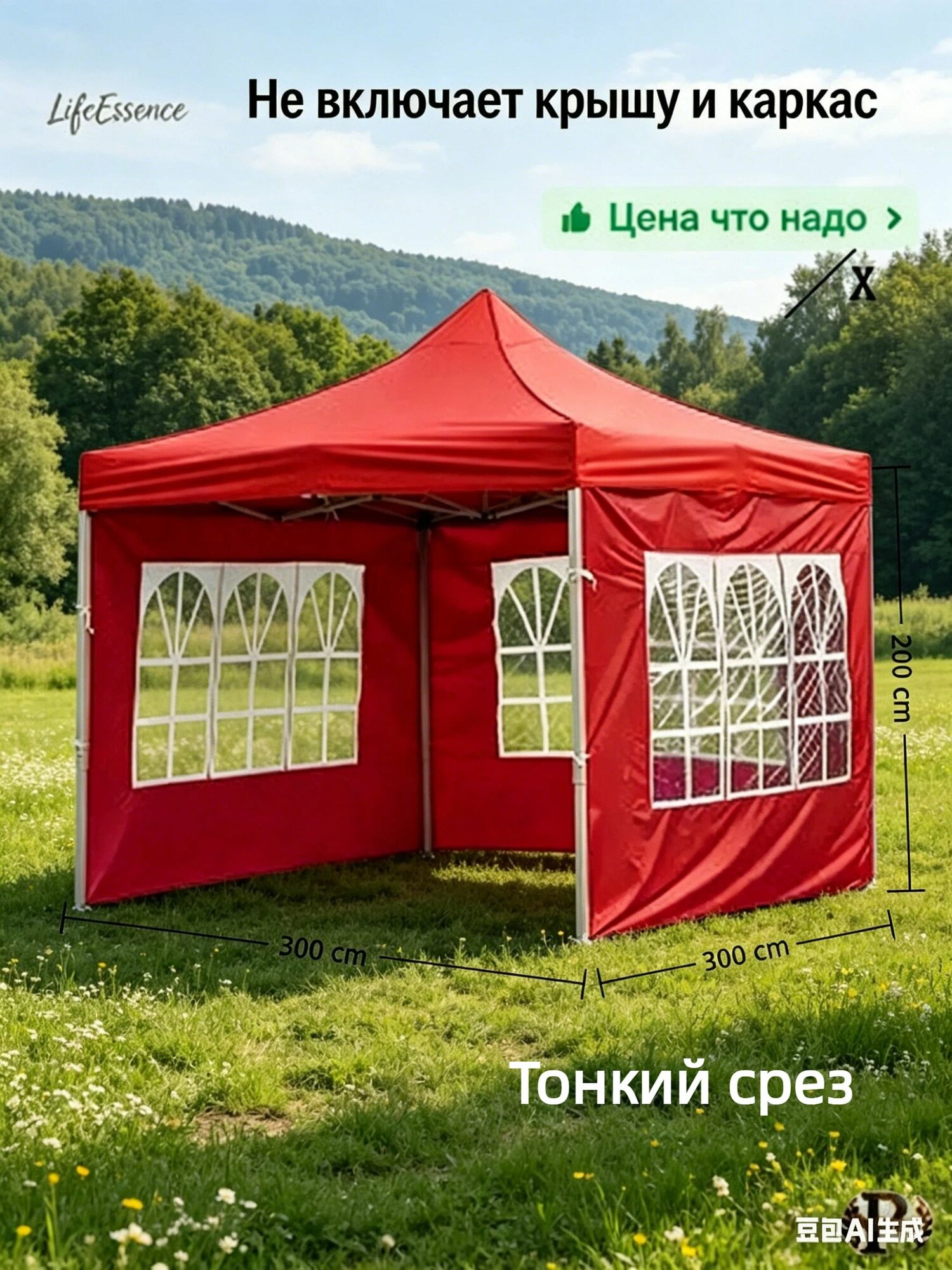 Складная палатка размером 3х3 метра с боковыми стенками и окнами, используемая для бытовок и уличной торговли, без покрытия крыши и металлического каркаса