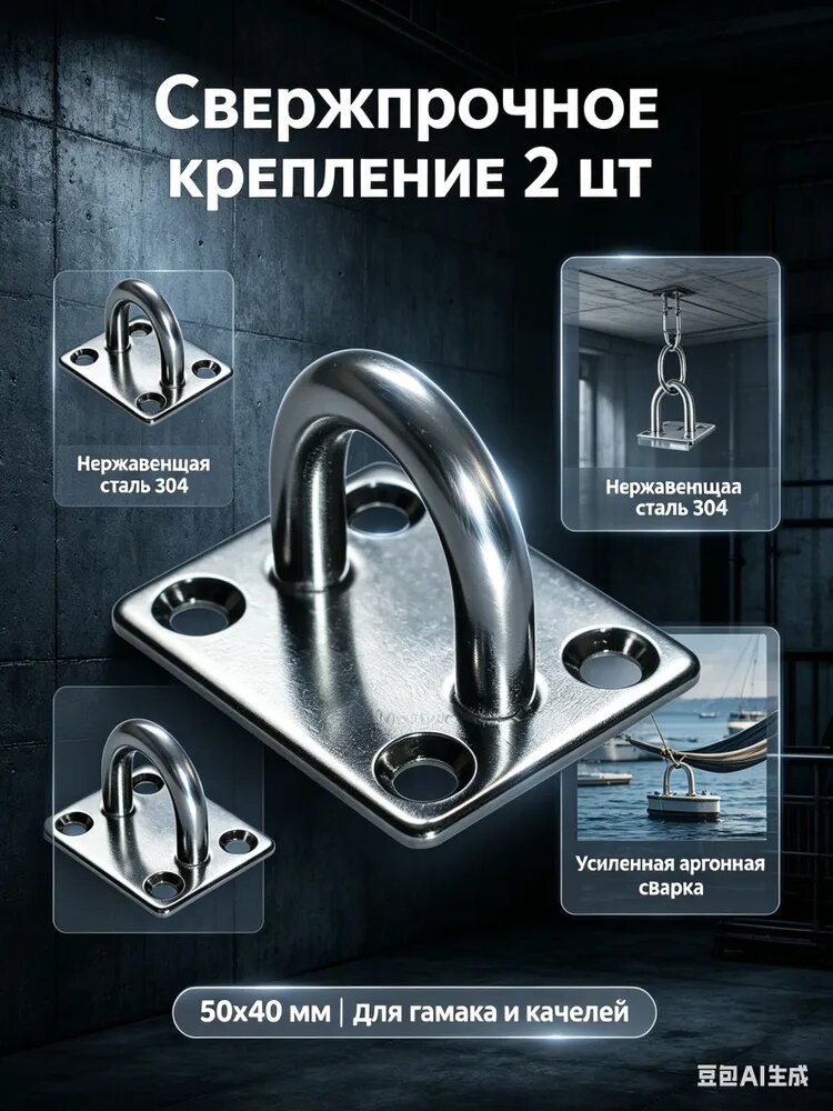 Анкерное крепление для гамака и качелей, набор 2 шт - петля из нержавеющей стали 5х4 см / потолочный и настенный крюк для спорта, йоги и морского такелажа