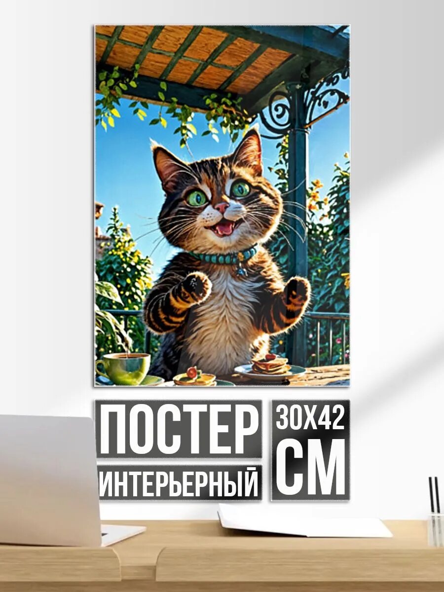 Постер на стену Кот с блинами и чашкой кофе