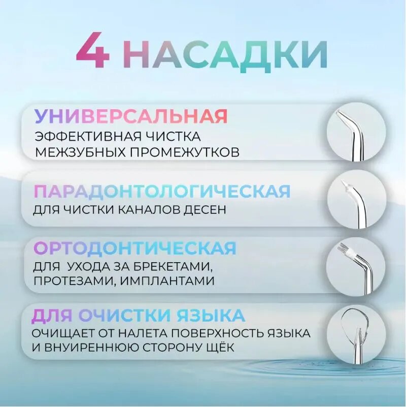 Беспроводной ирригатор 230мл 1600имп/мин 3 режима 4 насадки 30 дней без подзарядки — фото 1