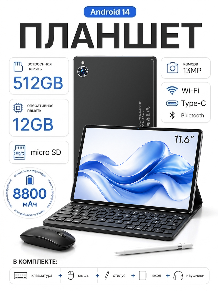 Умный Android-планшет ADVEPRO M10, процессор Snapdragon 680, экран 11.6 дюймов