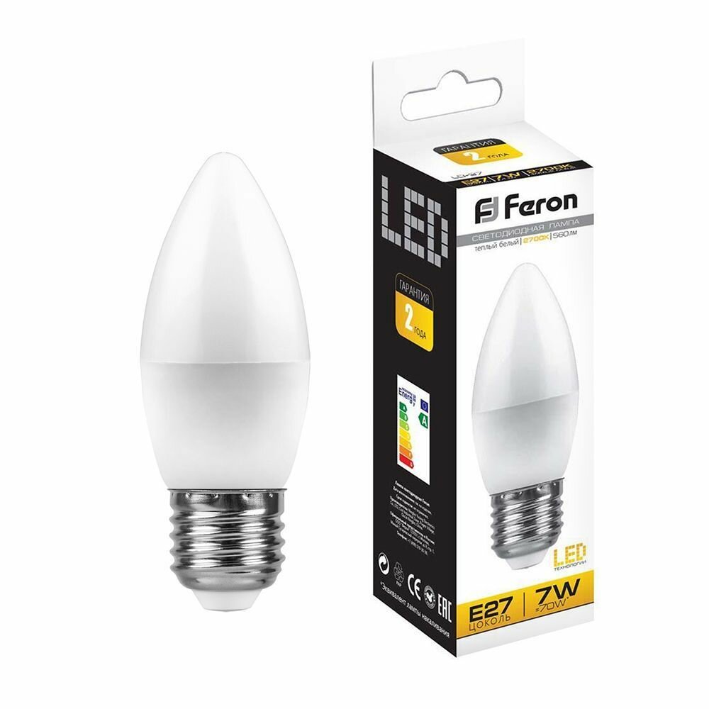 Лампа светодиодная LB-97 Свеча E27 7W 175-265V 2700K комплект 5 штук, FERON 25758